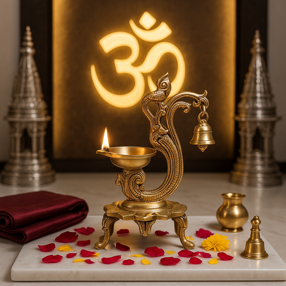 Buy Chitrashila Brass Peacock Diya with Bell – Antique Oil Lamp
